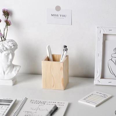 China Simple Desktop Storage Box Office Stationery Storage Box Ins Wind Wood Color Double Lattice Wooden Pen Holder for sale