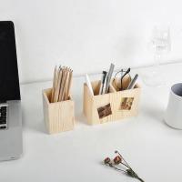 China Simple Desktop Storage Box Office Stationery Storage Box Ins Wind Wood Color Double Lattice Wooden Pen Holder for sale