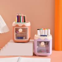 China Factory Custom Cute Cartoon Pen Holder with Drawer Creative Student Office Stationery Storage Box Space Saving Desk Organizer for sale