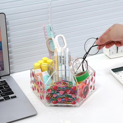 China Large Capacity Light Luxury Cartoon Acrylic Cosmetics Pens Rotary Rack Transparent Storage Box for Home Office Desktop for sale