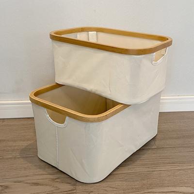 China Custom Large Capacity Rectangle Bamboo Storage Basket Oxford Cloth Toy Organizer Box for Bathroom Wardrobe Dirty Clothes Storage for sale