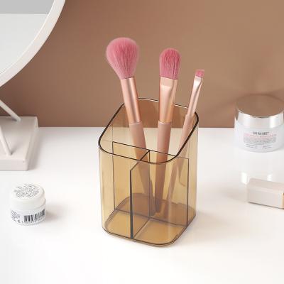 China Simple Makeup Pen Storage Box Desktop Acrylic Transparent Brown Eyebrow Pencil Makeup Brush Lipstick Storage Bucket for sale