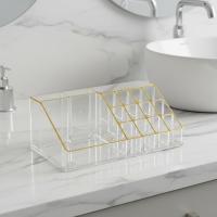 China Hot Selling Gold Edge Storage Box Acrylic Desktop Lipstick Multi-cell Makeup Brush Organizer Box for sale