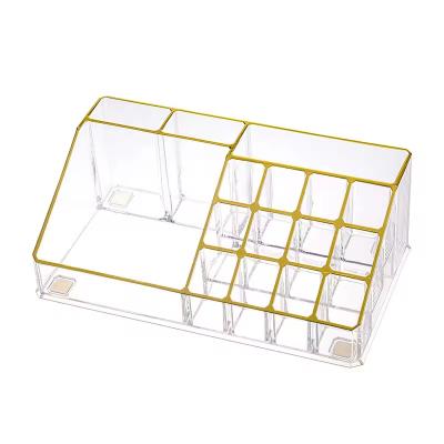 China Hot Selling Clear Acrylic Storage Box with Gold Border Transparent Partition Organizer for Cosmetics Jewelry Display for sale