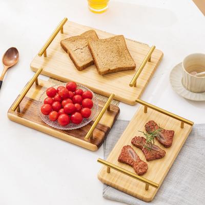 China Living Room Storage Tray Wood Plate with Metal Handle for Coffee Cake Tea Dessert for sale