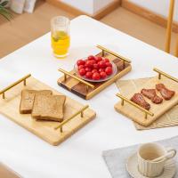 China Living Room Storage Tray Wood Plate with Metal Handle for Coffee Cake Tea Dessert for sale