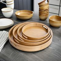 China Custom Round Bamboo Floating Serving Trays Set Polished Wooden Tea & Coffee Tray with Handles Sustainable for sale