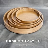 China Custom Round Bamboo Floating Serving Trays Set Polished Wooden Tea & Coffee Tray with Handles Sustainable for sale