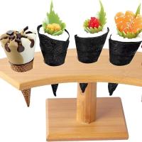 China Solid Wood Bamboo Sushi Stand Double-Tiered Hand Roll Table Display Stand with Sugar Cone Wooden Wholesale Pot Holder for sale