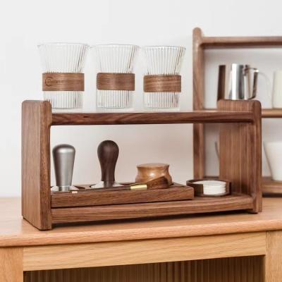 China Double-Tier Wooden Storage Rack for Teacup Coffee Cup Table Top Kitchen Organizer with Wire Holder for Seasoning Bottle Sundries for sale