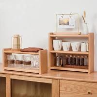 China Double-Tier Wooden Storage Rack for Teacup Coffee Cup Table Top Kitchen Organizer with Wire Holder for Seasoning Bottle Sundries for sale