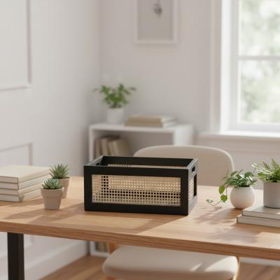 China Vintage Solid Wood Desktop Storage Box Rectangle Rattan Storage Basket for Sundries Toys Books Family Cover for sale