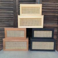 China Vintage Solid Wood Desktop Storage Box Rectangle Rattan Storage Basket for Sundries Toys Books Family Cover for sale