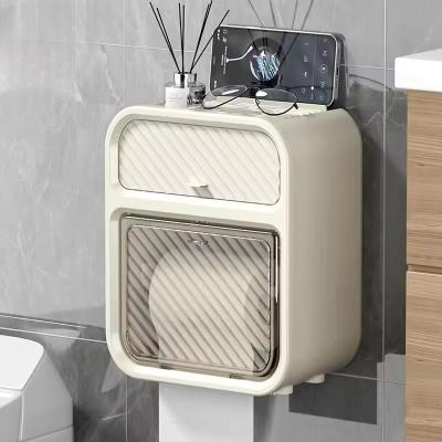 China Premium Waterproof Wall Mounted Tissue Box Punch-Free Adhesive Bathroom Storage Organizer with Drawer Phone Holder for sale