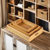 China Handmade Modern Trendy Rattan Storage Basket Bamboo Woven Bin with Wooden Frame Handles Rustic Farmhouse Decorative Wicker Box for sale