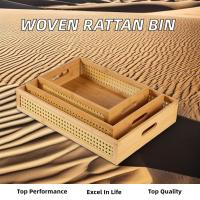 China Handmade Modern Trendy Rattan Storage Basket Bamboo Woven Bin with Wooden Frame Handles Rustic Farmhouse Decorative Wicker Box for sale
