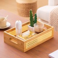 China Handmade Modern Trendy Rattan Storage Basket Bamboo Woven Bin with Wooden Frame Handles Rustic Farmhouse Decorative Wicker Box for sale