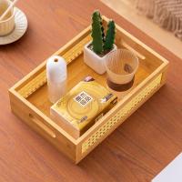 China Handmade Modern Trendy Rattan Storage Basket Bamboo Woven Bin with Wooden Frame Handles Rustic Farmhouse Decorative Wicker Box for sale