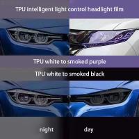 China UV Color Changing Car Headlight Film TPU TPH White to Black White to Purple Photochromatic Headlight Tint 1.52m x 0.3m for sale
